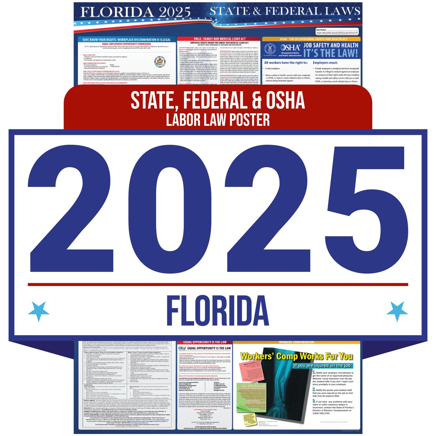 2025 Florida State and Federal Labor Law Poster - OSHA Workplace Compliant - Mandatory Regulations Posting for Employees - Required Compliance Posting 16" x 40" Laminated (1PACK)