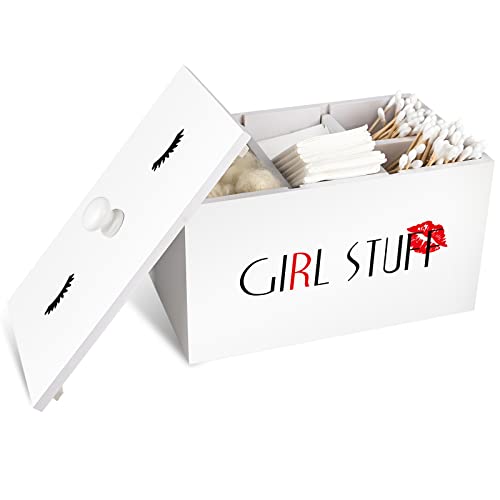Tampon Holder for Bathroom Tampon Storage Container Movable Feminine Partition Case with Lid Tampon Dispenser Sanitary Napkin Storage Container Wood White Small Storage Box Pad Organizer for Bathroom