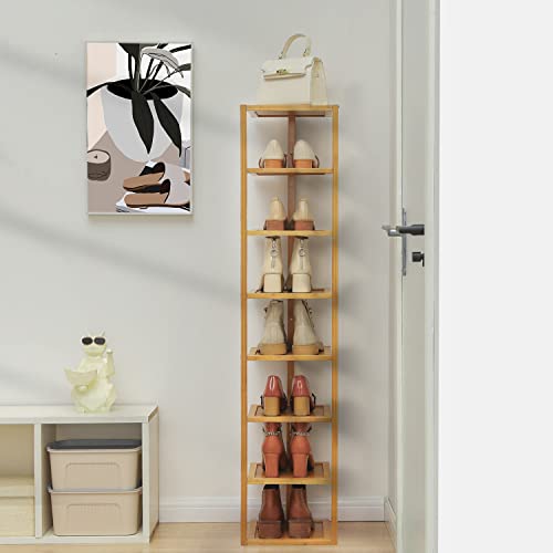 MoNiBloom 8 Tier Shoe Rack, Bamboo Narrow Vertical Single Pairs Shoe Storage Space Saving Tall Shoe Organizer for Small Spaces Corner Bedroom Entryway Balcony, Natural