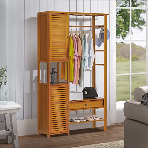 MoNiBloom Closet Organizer with Two Shutter Doors and 1 Drawer, Bamboo Freestanding Clothes Garment Rack with a Hanging Rob, 2 Storage Shelves, 2 Hooks and Pants Rack, Brown