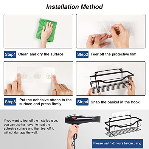 Joytey Shower Caddy, Shower Shelves Adhesive Shower Organizer with 2 Soap Dishes and 2 Shaver hook, No Drilling Rustproof Stainless Steel Shower Shelf for Bedroom, Bathroom, Kitchen, 4 Pack, Black