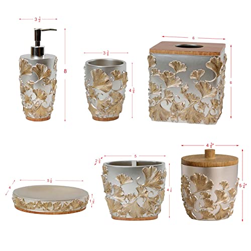 Bathroom Accessories Set - 6 Pieces Includes Soap Lotion Dispenser Tooth Brush Holder Soap Dish Tumbler Cotton Jar Tissue Box for Modern Decorative Countertop Housewarming Gift - Silver Gold