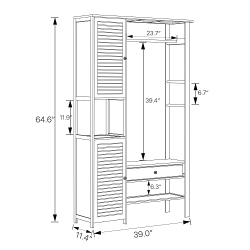 MoNiBloom Closet Organizer with Two Shutter Doors and 1 Drawer, Bamboo Freestanding Clothes Garment Rack with a Hanging Rob, 2 Storage Shelves, 2 Hooks and Pants Rack, Brown