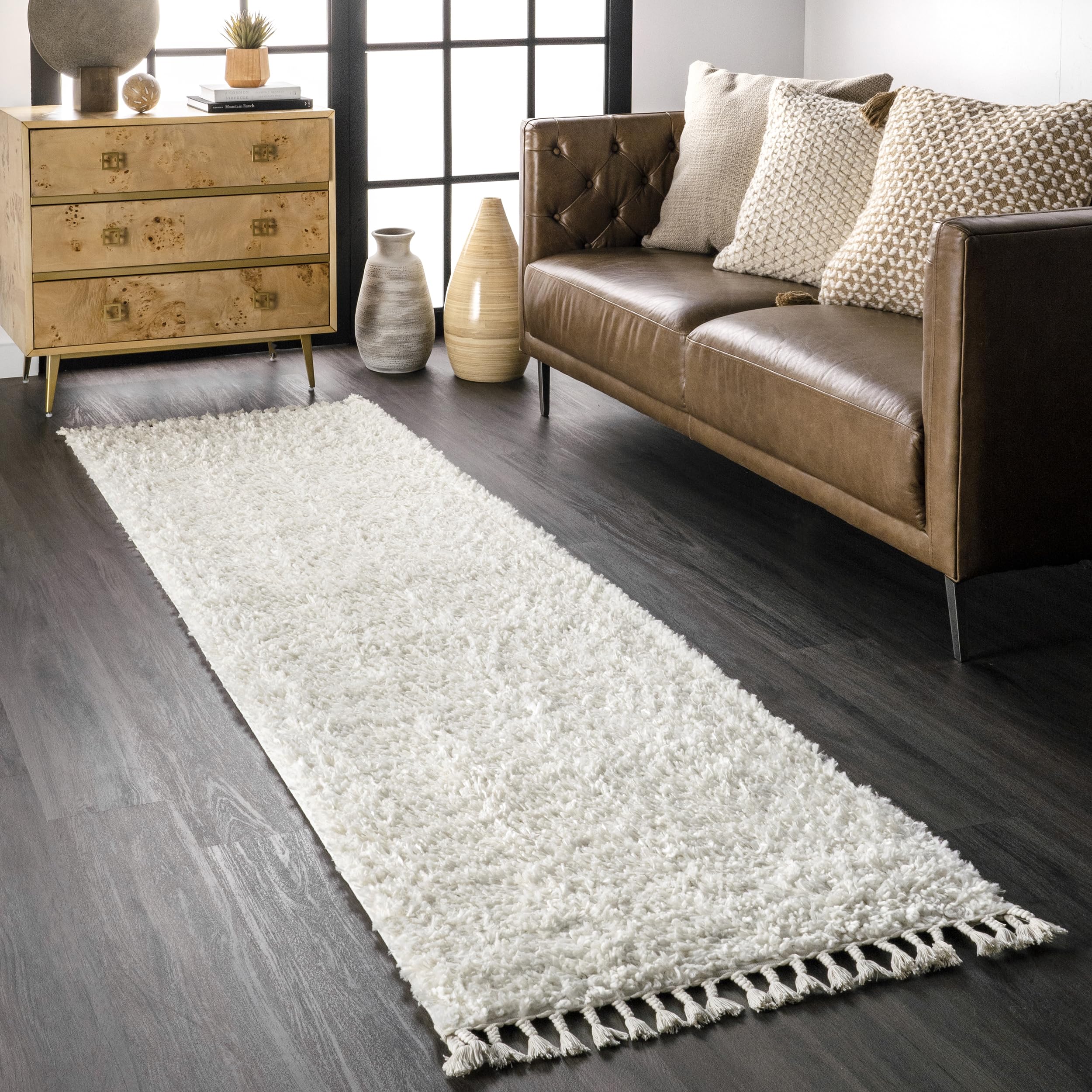 nuLOOM Neva Solid 2x12 Runner Shag Rug for Living Room Bedroom Dining Room Nursery Entryway Hallway, Ivory