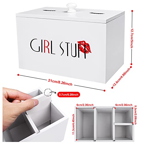 Tampon Holder for Bathroom Tampon Storage Container Movable Feminine Partition Case with Lid Tampon Dispenser Sanitary Napkin Storage Container Wood White Small Storage Box Pad Organizer for Bathroom