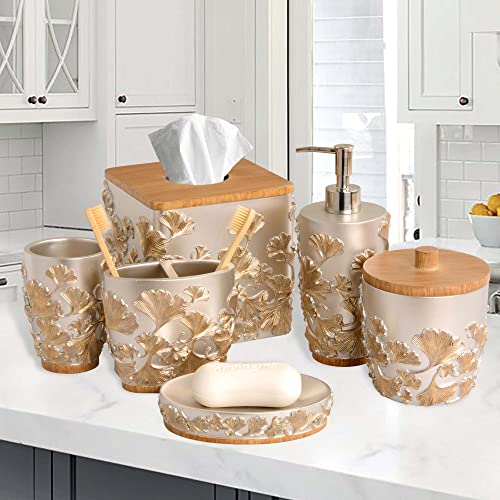 Bathroom Accessories Set - 6 Pieces Includes Soap Lotion Dispenser Tooth Brush Holder Soap Dish Tumbler Cotton Jar Tissue Box for Modern Decorative Countertop Housewarming Gift - Silver Gold