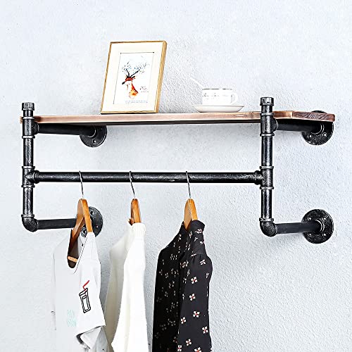 HAOVON Industrial Pipe Clothing Rack Wall Mounted Wood Shelf,Pipe Shelving Floating Shelves,Retail Garment Rack Display Rack Clothes Racks(1 Tier,30in)
