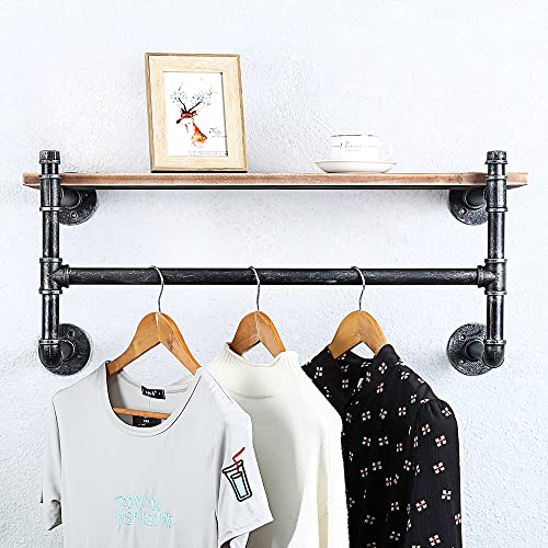 HAOVON Industrial Pipe Clothing Rack Wall Mounted Wood Shelf,Pipe Shelving Floating Shelves,Retail Garment Rack Display Rack Clothes Racks(1 Tier,30in)