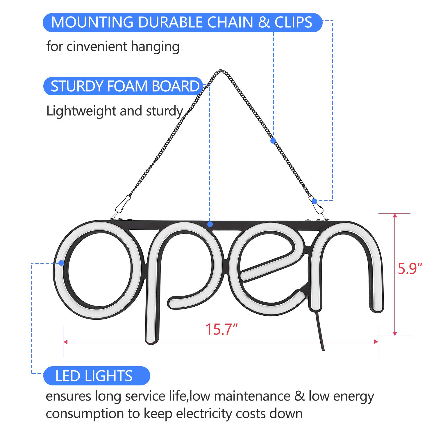 LED Open Sign,16x6 inch Open Sign for Business,With multiple flashing modes, Ideal for Restaurant, Bar, Salon and More,24V/1A Power Supply,with Open/Close Sign (white)
