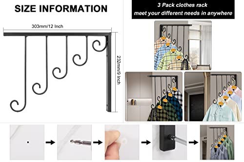 Livabber Clothing Rack Wall Mounted, Heavy Duty Metal Garment Rack for Hanging Clothes with 5 Hanging Rings, Rustic Wall Clothes Organizer for Bedroom Retail, 3 Pack (Black)