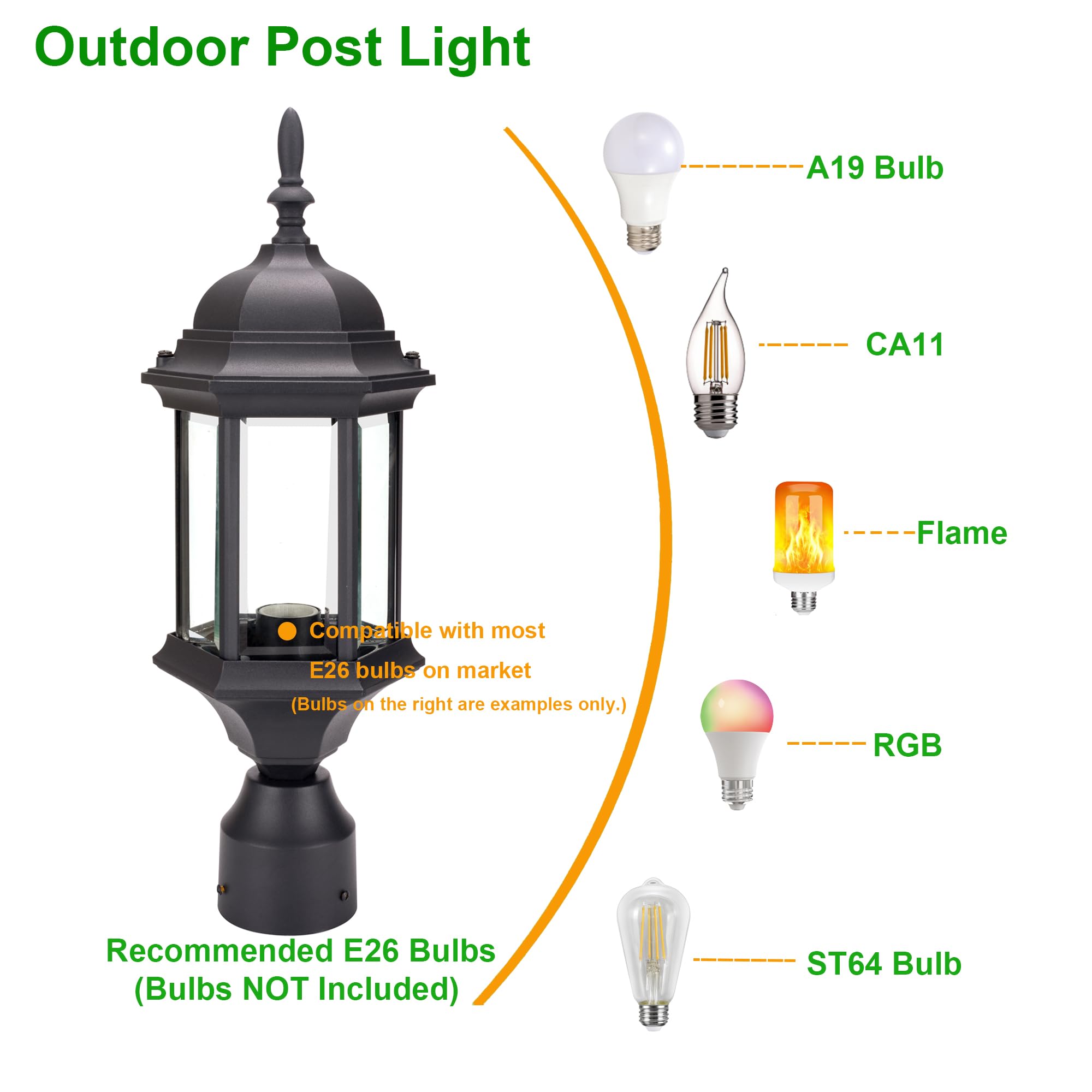 LIT-PaTH Outdoor Post Lighting Fixture Pole Lantern, E26 Medium Base Max 60W, Aluminum Housing Plus Glass, 1-Pack, Black Finish