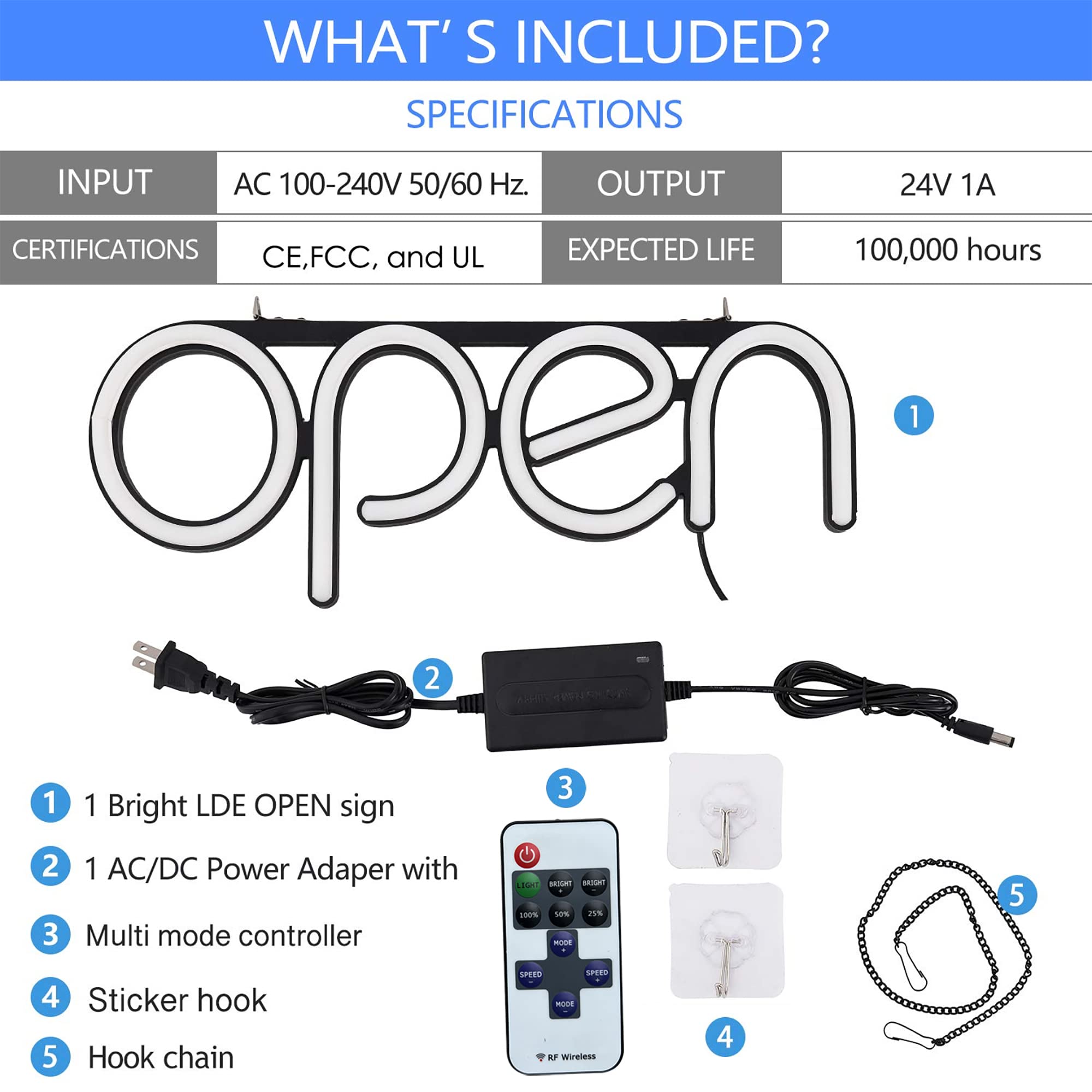 LED Open Sign,16x6 inch Open Sign for Business,With multiple flashing modes, Ideal for Restaurant, Bar, Salon and More,24V/1A Power Supply,with Open/Close Sign (white)
