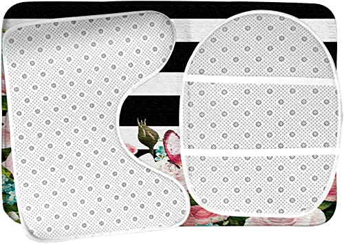 DONMYER Bathroom Rugs and Mats Sets 3 Piece,Black and White Stripe Modern Pink Floral Butterfly,Bathroom Rugs Non Slip, Absorbent Bath Mat Washable Bathroom Floor Mats