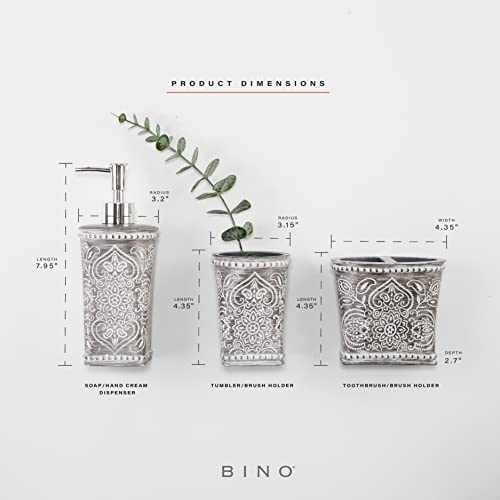 BINO Bathroom Accessories Set - Grey | Soap Dispenser | Toothbrush Holder | Tumbler | 3-Piece Bathroom Organizer Countertop Set | Bathroom Decor | Home Decor | Bathroom Set