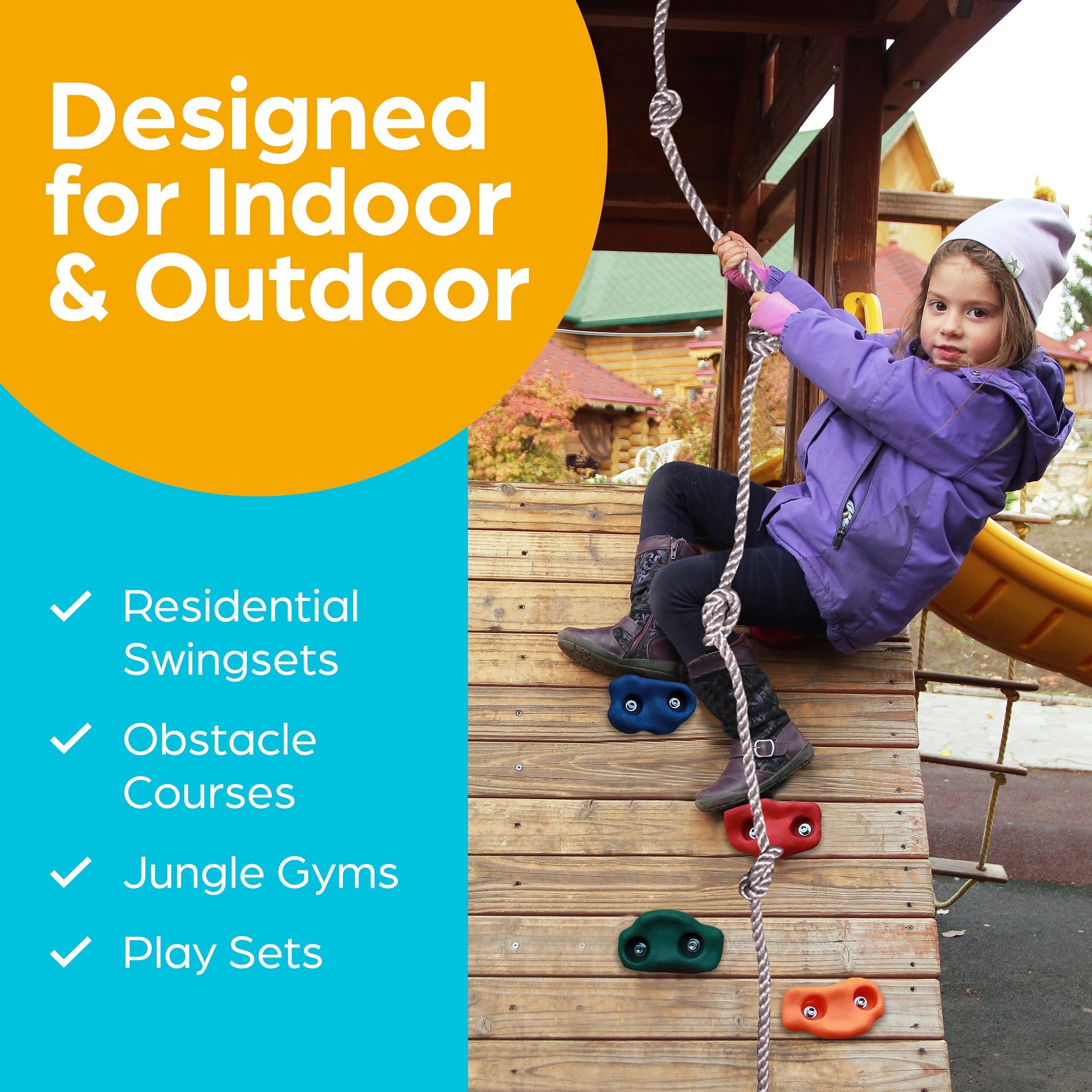 Jungle Gym Kingdom Rock Climbing Holds for Kids - Indoor & Outdoor Rock Wall Climbing Kit with Mounting Hardware, Knotted Rope and 25 Handles - Playground Accessories