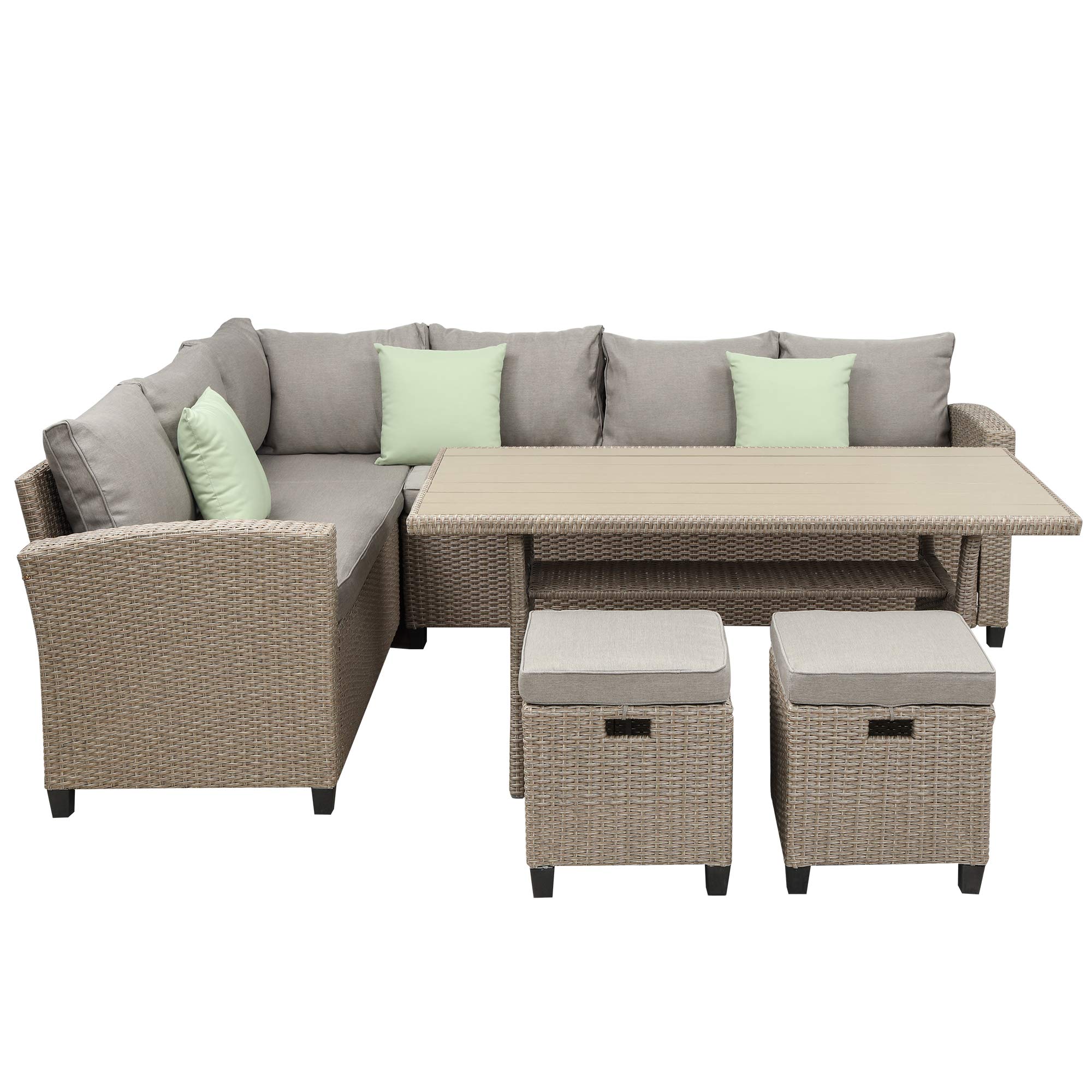 LZ LEISURE ZONE Patio Dining Table Set, Outdoor Furniture PE Rattan Wicker Conversation Set, All-Weather Sectional Sofa Set with Table & Soft Cushions (Beige Brown, 5 Piece)