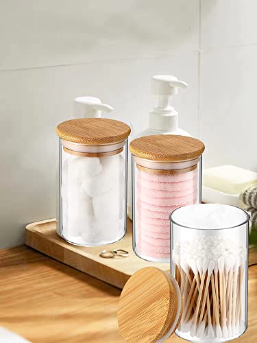 Dourami Qtip Holder for Cotton Ball,3 PCS,Cotton Swab,Apothecary Jars,Glass Bathroom Accessories,Bathroom Organizer Set With Bamboo Lid,Vanity Organizer And Storage,Vanity Makeup Organizer