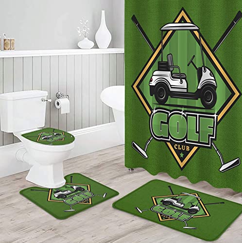 Wohnkutu 4Pcs Bathroom Shower Curtain Set, Balls Sports Theme Bathroom Accessory Shower Curtain Rugs Set, Golf Cart Golf Club Green Ball Field Non-Slip Bath Mat, Toilet Lid Cover, 72"x72"+Samll Set