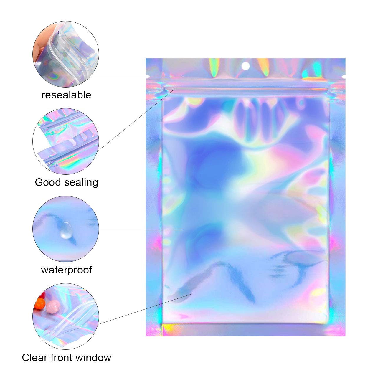 100pcs 3"X 4" Smell Proof Resealable Mylar Bags Food Storage Holographic Bags Foil Pouch Double-Sided Zipper lock Bag