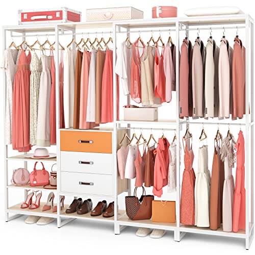 Cyclysio 84'' Heavy Duty Closet System, Large Wooden Garment Rack, L Shape Corner Walk-in Closet, Clothing Rack with Shelves, Closet Organizer System with 11 Shelves, 3 Wood Drawers, 6 Rod, White