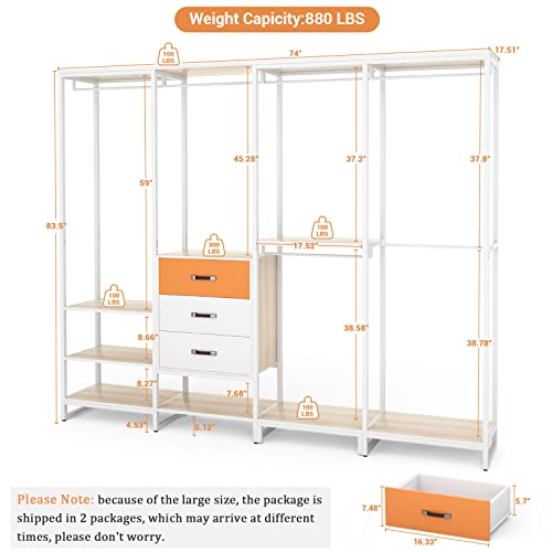 Cyclysio 84'' Heavy Duty Closet System, Large Wooden Garment Rack, L Shape Corner Walk-in Closet, Clothing Rack with Shelves, Closet Organizer System with 11 Shelves, 3 Wood Drawers, 6 Rod, White