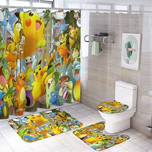 𝐏𝐨𝐤.𝐄𝐦𝐨𝐧 𝐆𝐎 Bathroom Sets,Kids Bathroom Decor Shower Curtain Set,Cartoon Shower Curtain with Anime Rugs& U-Shaped Floor Mat + Toilet Seat Cover Accessories 72"x72"
