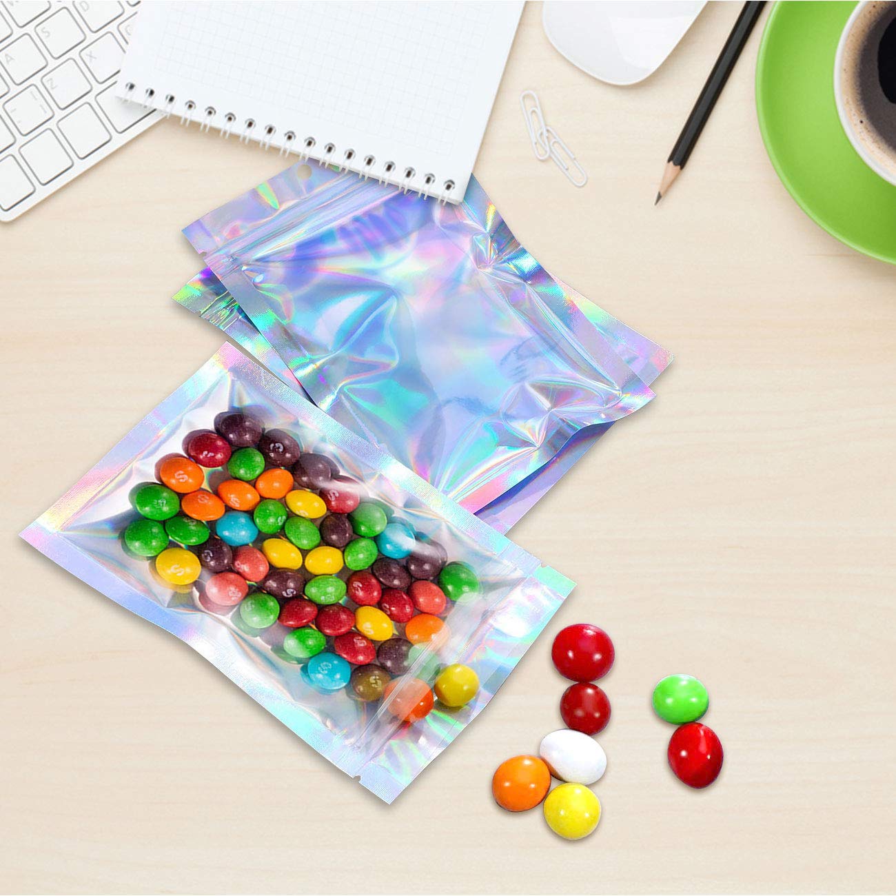 100pcs 3"X 4" Smell Proof Resealable Mylar Bags Food Storage Holographic Bags Foil Pouch Double-Sided Zipper lock Bag