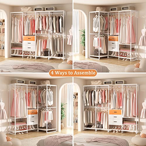 Cyclysio 84'' Heavy Duty Closet System, Large Wooden Garment Rack, L Shape Corner Walk-in Closet, Clothing Rack with Shelves, Closet Organizer System with 11 Shelves, 3 Wood Drawers, 6 Rod, White