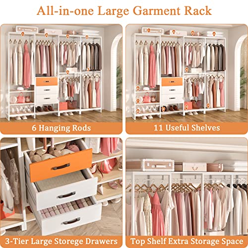 Cyclysio 84'' Heavy Duty Closet System, Large Wooden Garment Rack, L Shape Corner Walk-in Closet, Clothing Rack with Shelves, Closet Organizer System with 11 Shelves, 3 Wood Drawers, 6 Rod, White
