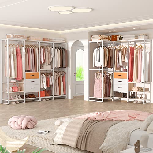 Cyclysio 84'' Heavy Duty Closet System, Large Wooden Garment Rack, L Shape Corner Walk-in Closet, Clothing Rack with Shelves, Closet Organizer System with 11 Shelves, 3 Wood Drawers, 6 Rod, White