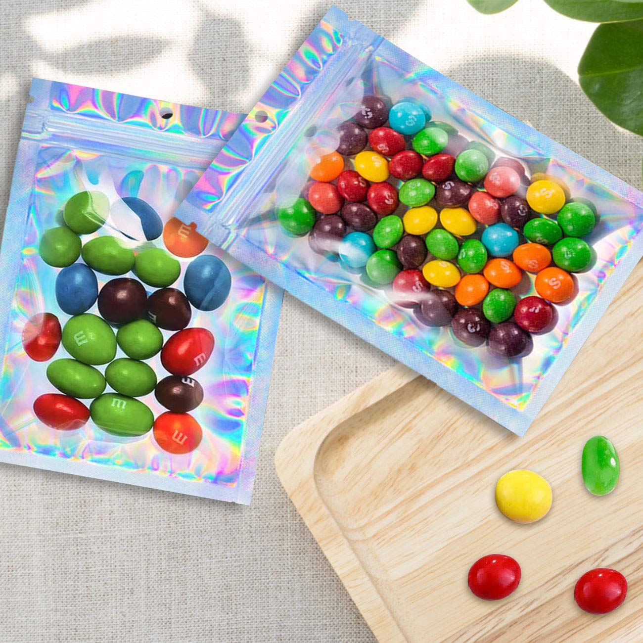 100pcs 3"X 4" Smell Proof Resealable Mylar Bags Food Storage Holographic Bags Foil Pouch Double-Sided Zipper lock Bag