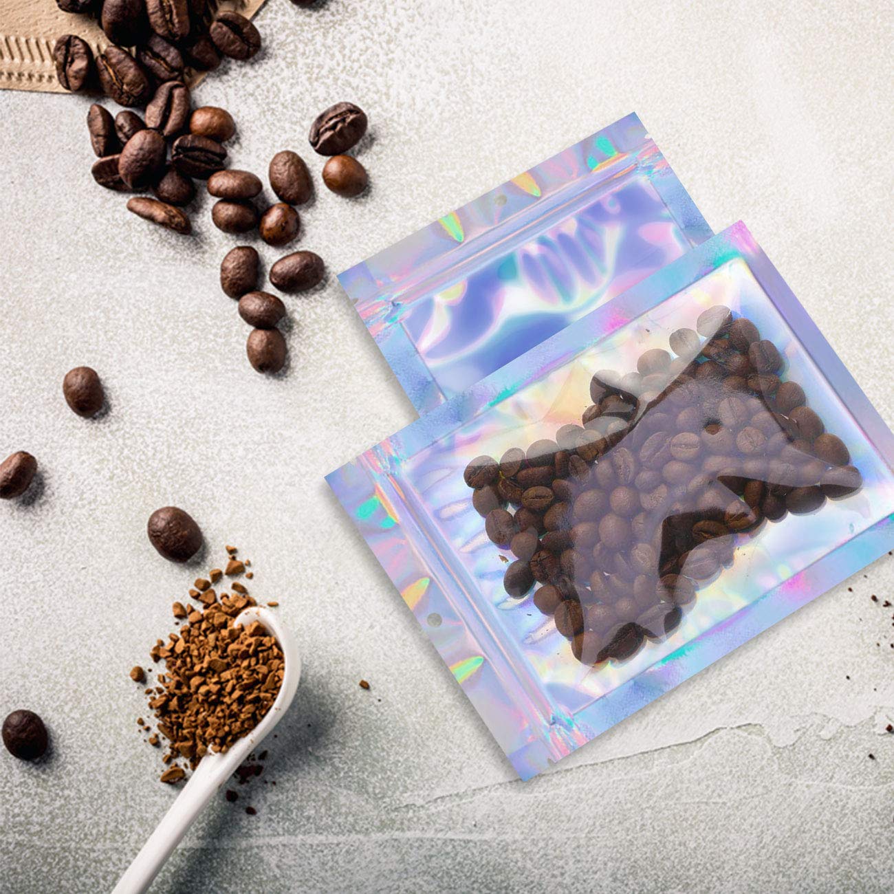 100pcs 3"X 4" Smell Proof Resealable Mylar Bags Food Storage Holographic Bags Foil Pouch Double-Sided Zipper lock Bag