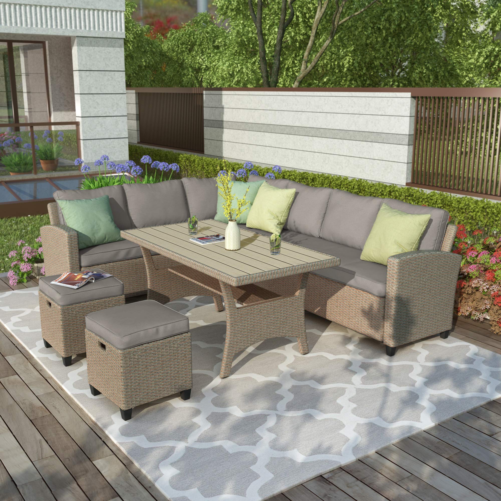 LZ LEISURE ZONE Patio Dining Table Set, Outdoor Furniture PE Rattan Wicker Conversation Set, All-Weather Sectional Sofa Set with Table & Soft Cushions (Beige Brown, 5 Piece)