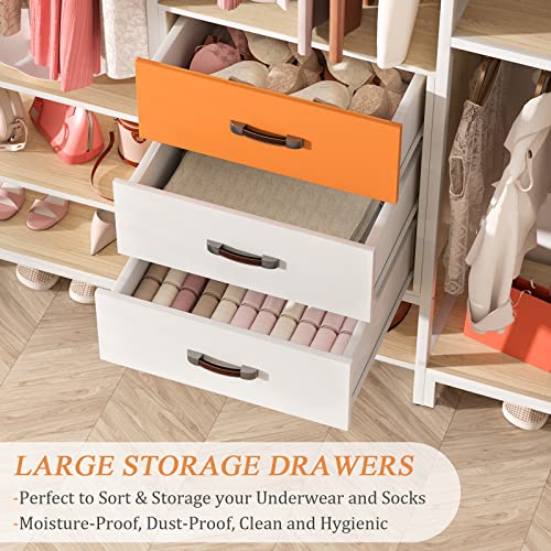 Cyclysio 84'' Heavy Duty Closet System, Large Wooden Garment Rack, L Shape Corner Walk-in Closet, Clothing Rack with Shelves, Closet Organizer System with 11 Shelves, 3 Wood Drawers, 6 Rod, White