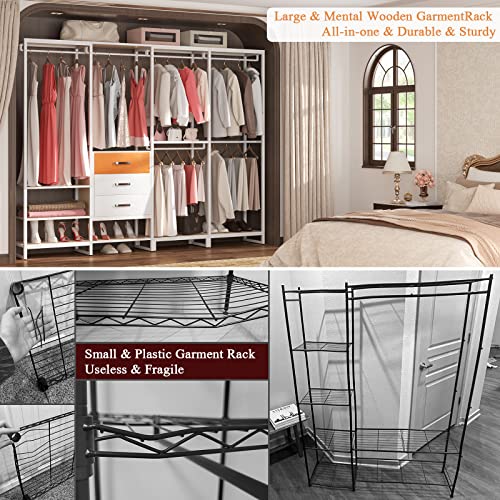 Cyclysio 84'' Heavy Duty Closet System, Large Wooden Garment Rack, L Shape Corner Walk-in Closet, Clothing Rack with Shelves, Closet Organizer System with 11 Shelves, 3 Wood Drawers, 6 Rod, White
