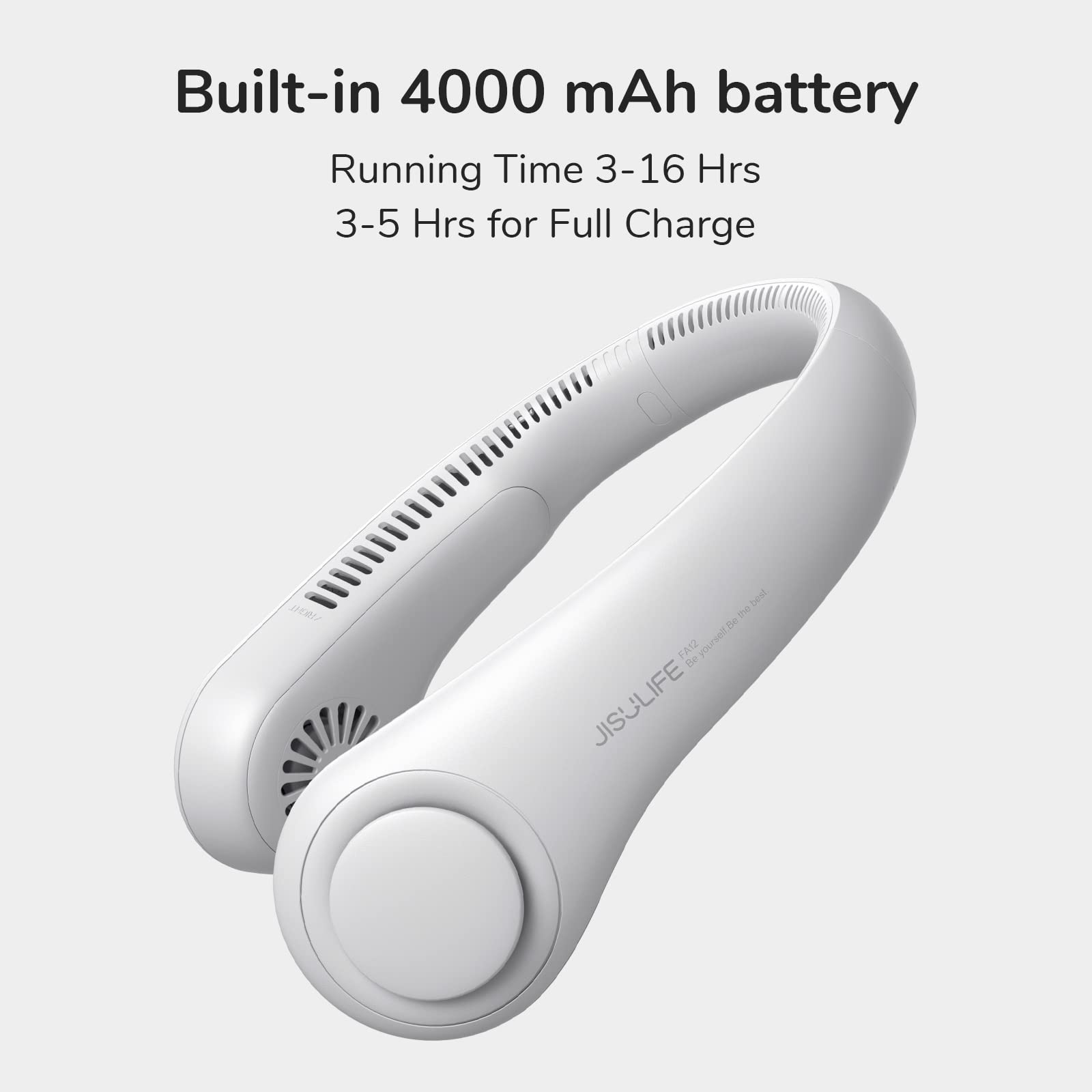 JISULIFE Portable Neck Fan, Hands-Free Bladeless, 5 Speeds, 4000 mAh Battery Operated Wearable Personal Fan, Twistable, Rechargeable, Gift for Women Men-Grey