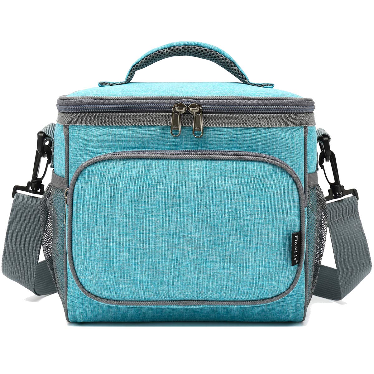 FlowFly Insulated Reusable Lunch Bag Adult Large Lunch Box for Women and Men with Adjustable Shoulder Strap,Front Zipper Pocket and Dual Large Mesh Side Pockets,SeaBlue