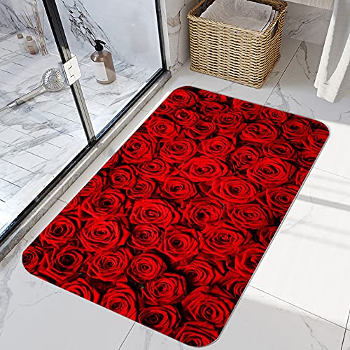Red Rose Flower Print 17MM Thick Memory Foam Bathroom Carpet and Door Mat Non-Slip Absorbent Super Bath Mats Comfortable Flannel Bathroom Carpet Bed Rug 24 X 16 Inches