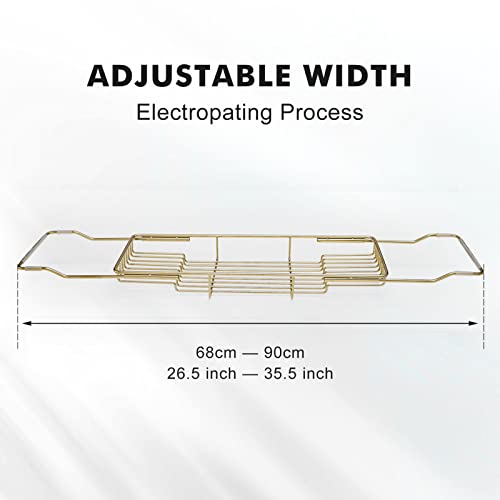 BAWOUA Bathtub Caddy Tray for Luxury Baths, Over Bathtub Racks with Marble(Black), Strong Expandable Chrome Polished Stainless Steel Brackets for Bath (Gold)