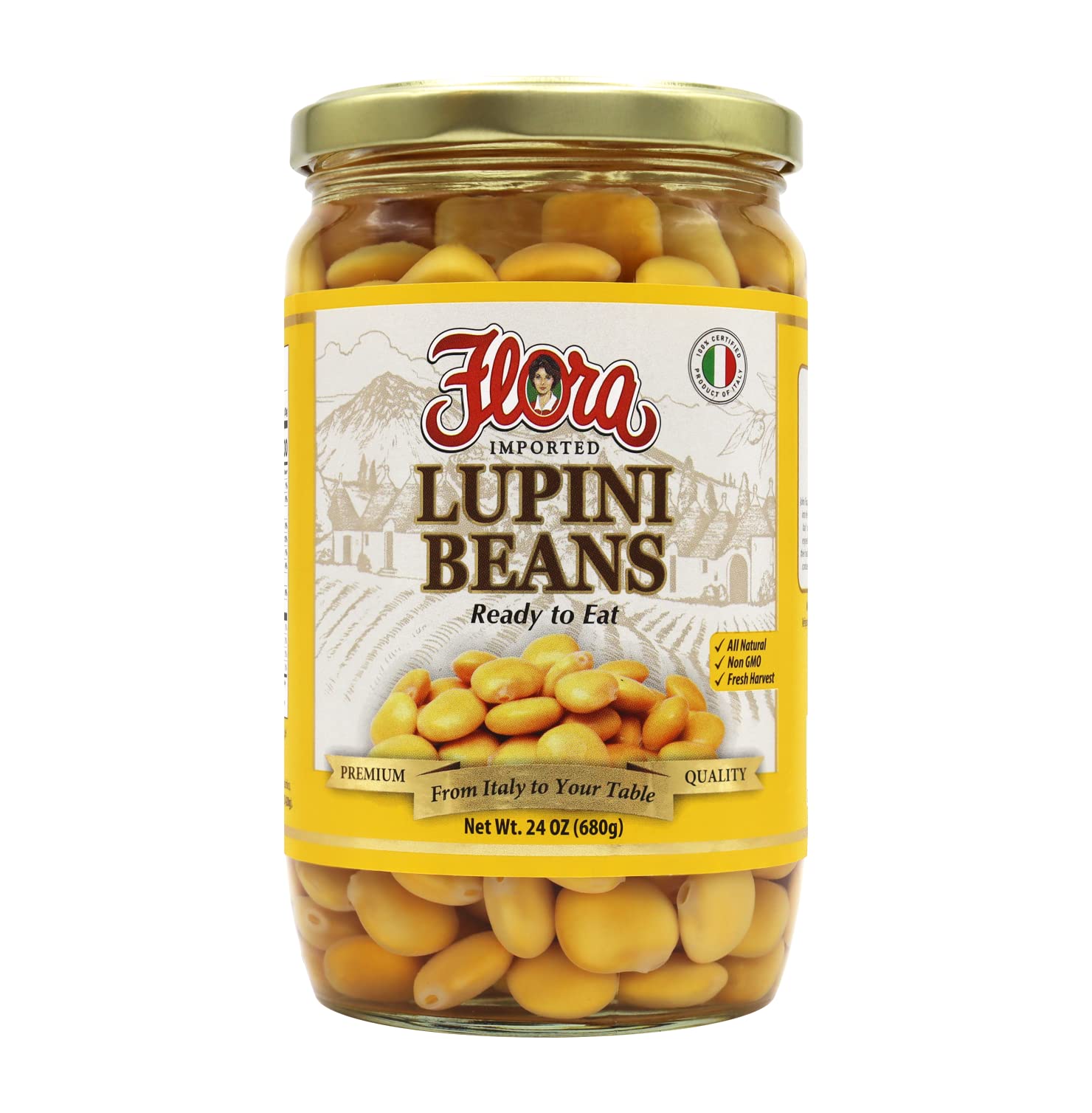 Lupini Beans in Brine (6 pack) 24.3oz Jars | Ready to Eat Healthy Snack | Imported 100% Italian | All Natural | Non GMO | Fresh Harvest | From Italy to Your Table