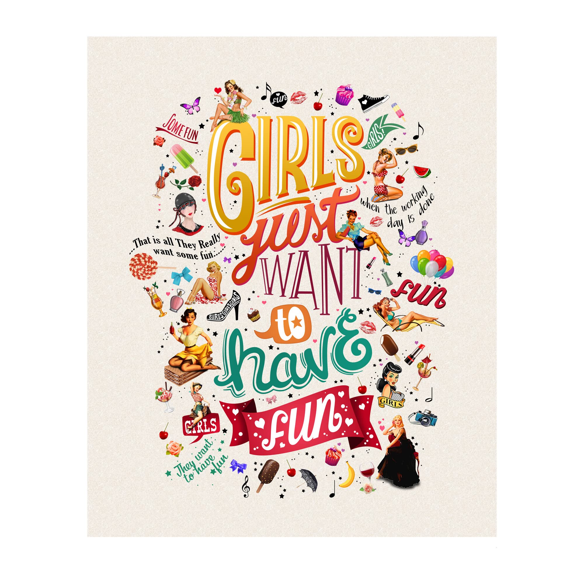 Cyndi Lauper - Girls Just Want to Have Fun | Vintage Music Lyrics Wall Art, This Ready to Frame Music Wall Art Poster Print is Good For Home, Music Room, Studio, And Girls Room Decor, Unframed - 8x10”