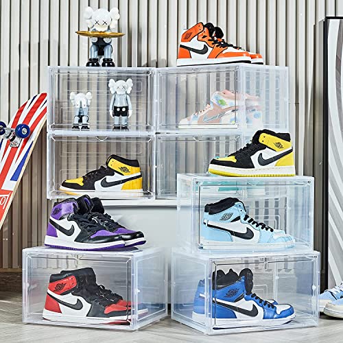 EZLucky 3 Pack Large Shoe Boxes Clear Plastic Stackable, Side Open Shoes Organizer with Magnetic Door, Clear Shoe Boxes Stackable for Display Sneakers, Fit Shoe Size Up to US 15 (14.2x11x8.7in)
