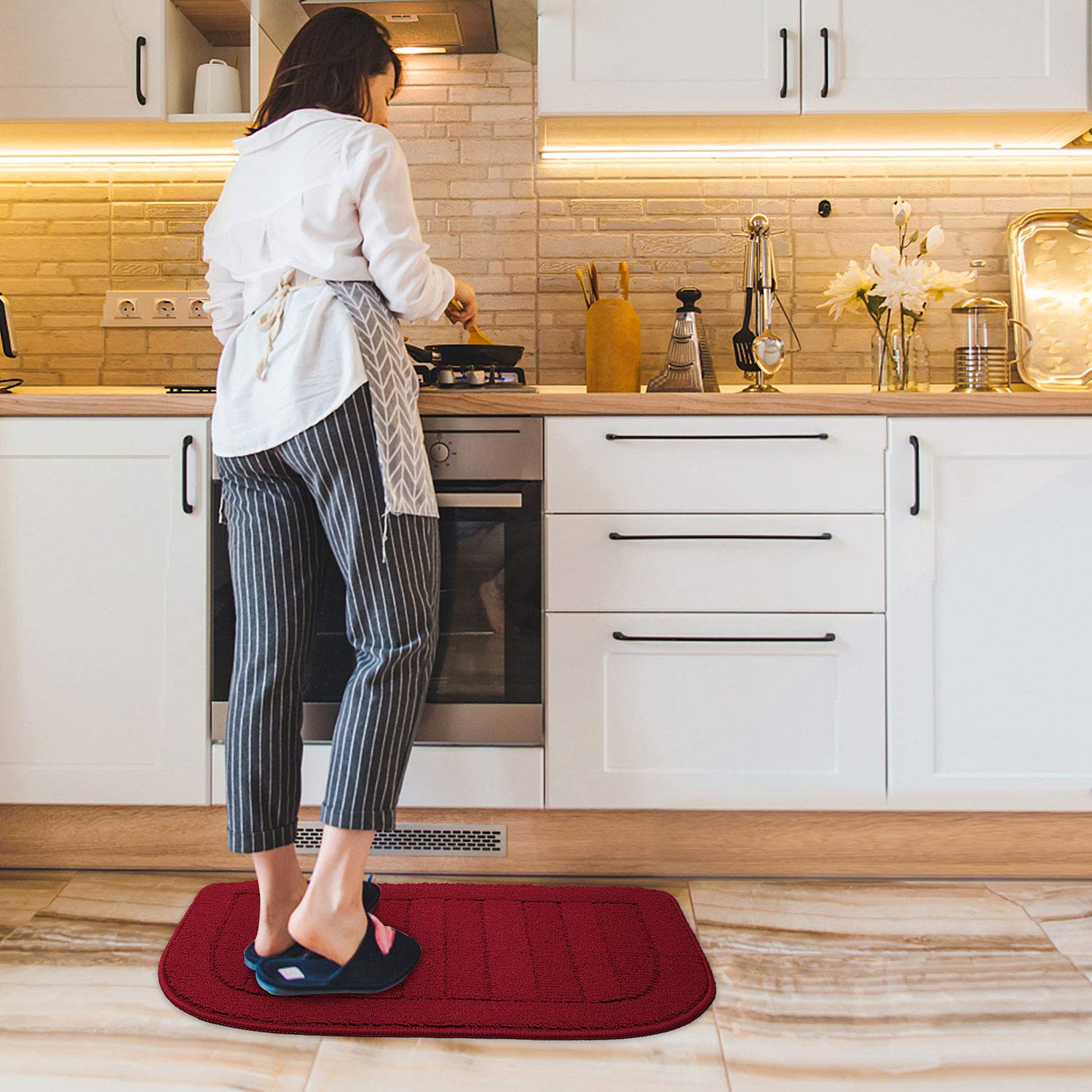 BEQHAUSE 30x18 Inch Kitchen Rug Mat, Durable Anti-Slip Absorbent Dirt-Resistant Kitchen Rug Pet Mat Machine Washable (Red)