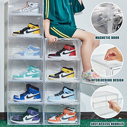 EZLucky 3 Pack Large Shoe Boxes Clear Plastic Stackable, Side Open Shoes Organizer with Magnetic Door, Clear Shoe Boxes Stackable for Display Sneakers, Fit Shoe Size Up to US 15 (14.2x11x8.7in)