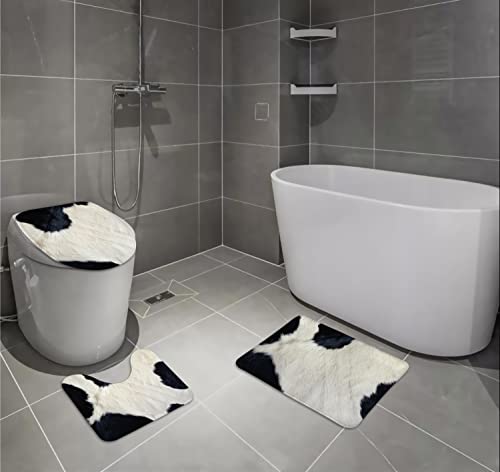 3 Pack Bath Mat Set, Cow Print Pattern Absorbent Memory Foam Soft Shower Bath Rugs Contour Mat and Lid Cover,Non Slip Velvet Bathrug,Shower Toilet Bathmats Carpet