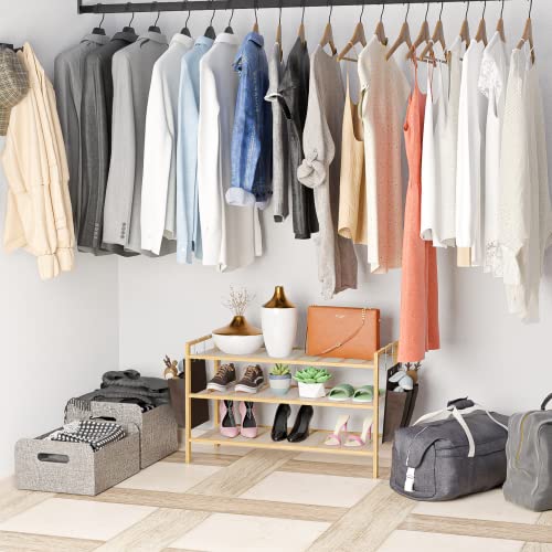 CoMokin 3-Tier Bamboo Shoe Rack with Side Pockets, Stackable | Sturdy | Multi-Function Shoe Shelf Storage Organizer for Closet Entryway Balcony Bathroom