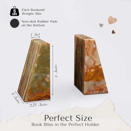 Modern Wedge Marble Bookends β Hand Carved, Polished Stone Bookends w/Non-Slip Rubber Pads β Lightweight & Compact Decorative Bookends (Whirl Green Onyx)
