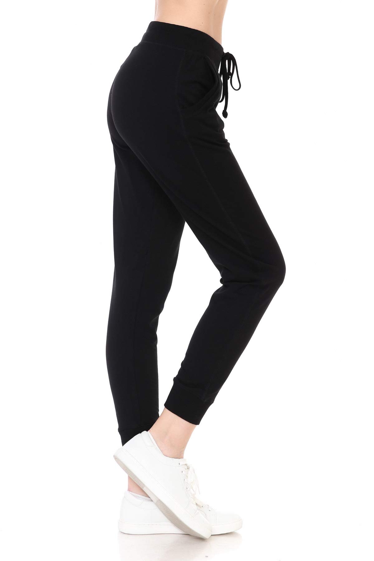Leggings Depot Women's Cotton Jogger Sweatpants French Terry Yoga Pants with Pockets, Black, Small