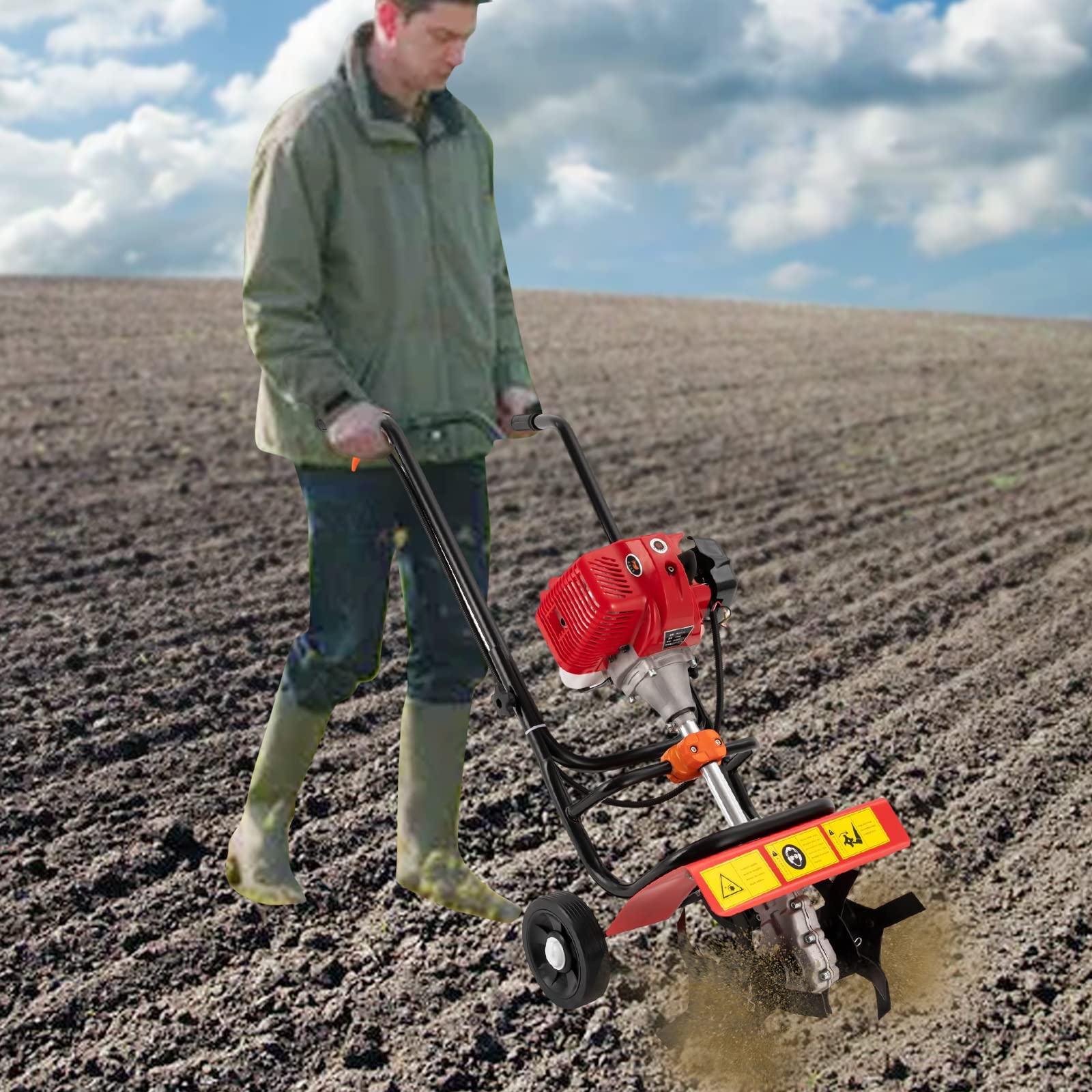 52CC 2 Stroke Hand-Pull Petrol Tiller Cultivator Sand Texture Loose Soil Ripper Garden Farm Tilling Tool Gasoline Air-Cooled Engine Used in Field Cultivation, Plastic Greenhouse, Tobacco - Mini