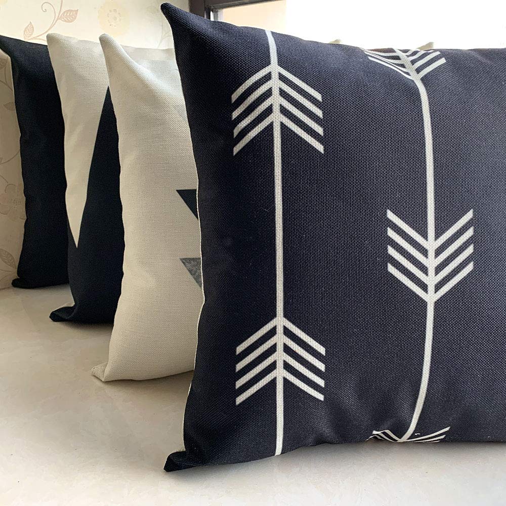 IcosaMro Throw Pillow Covers Black and White Pillow Cases Set of 4 Arrow Mountain 18x18 Decorative Square Zippered Cotton Linen Cushion Cover Room Sofa Decor